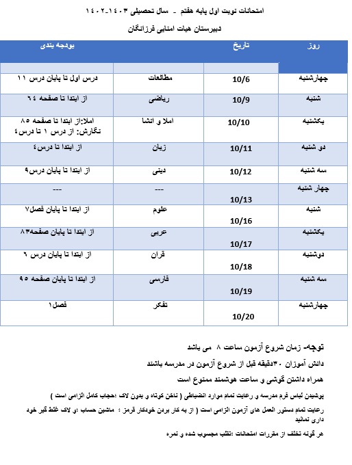 برنامه امتحانی پایه هفتم، نوبت اول سال تحصیلی 1402-1403 – دبیرستان دخترانه فرزانگان ، دوره اول ...
